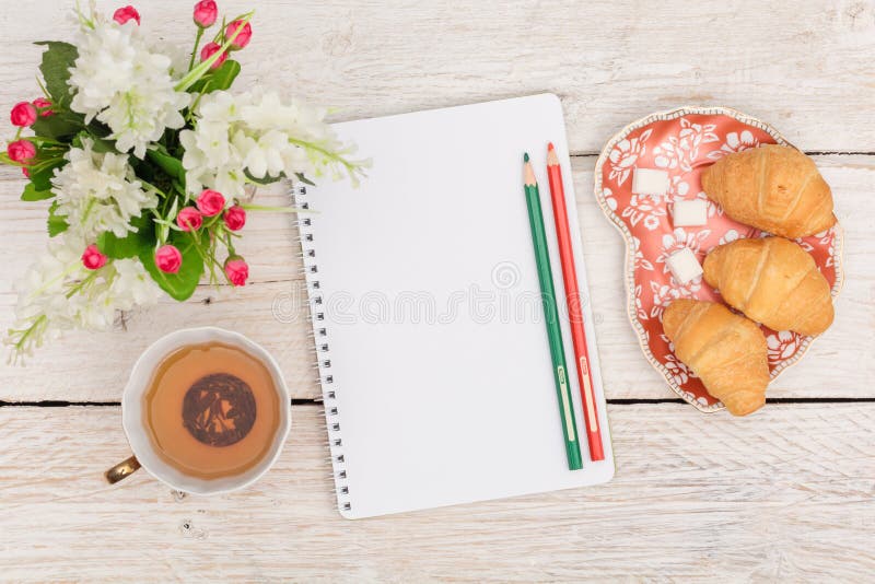 Breakfast, Notes and Flowers Stock Image - Image of spring, morning ...