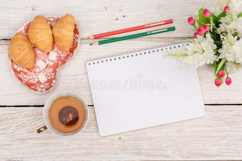 Breakfast, Notes and Flowers Stock Photo - Image of closeup, flat: 68740174
