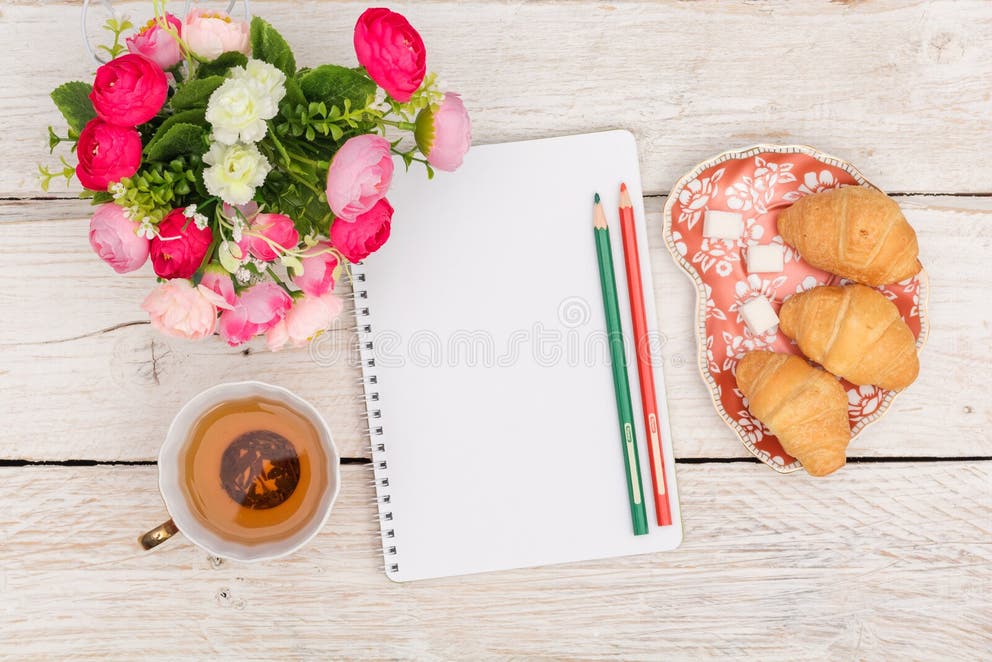 Breakfast, Notes and Flowers Stock Photo - Image of closeup, croissant ...