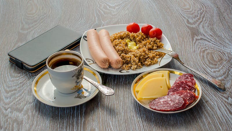 Breakfast for Office Worker Stock Image - Image of gadget, sausage ...
