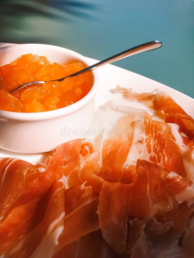 Breakfast Outdoors in Summer, Ham, Jam, Butter and Ham Stock Photo ...