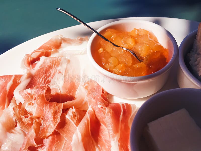 Breakfast Outdoors in Summer, Ham, Jam, Butter and Ham Stock Photo ...