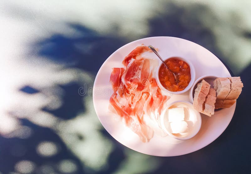 Breakfast Outdoors in Summer, Ham, Jam, Butter and Ham Stock Image ...