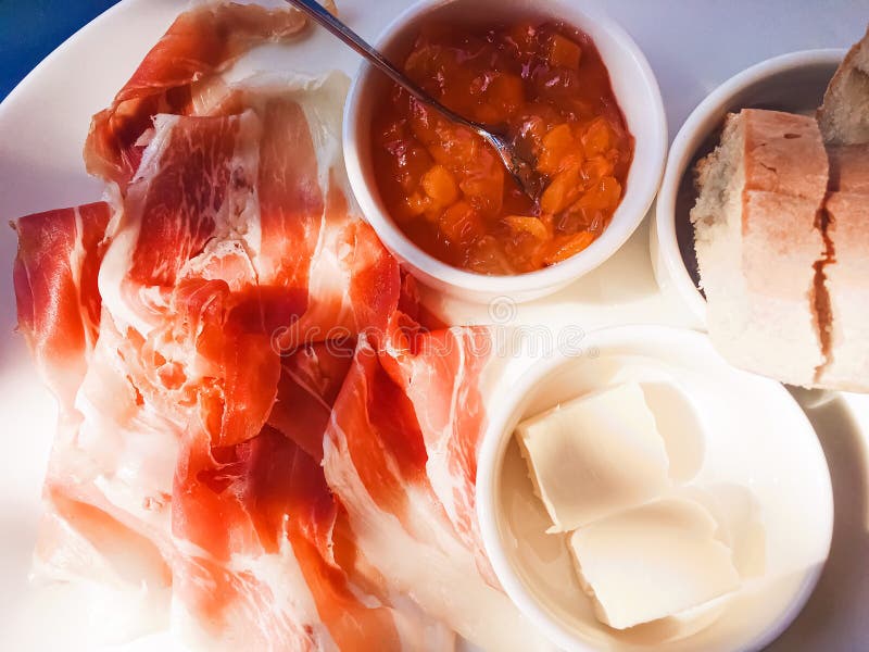 Breakfast Outdoors in Summer, Ham, Jam, Butter and Ham Stock Photo ...