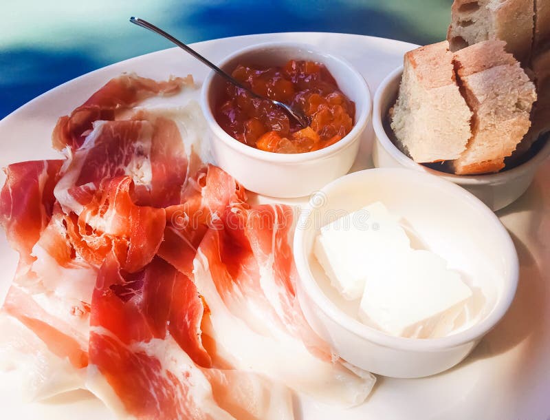 Breakfast Outdoors in Summer, Ham, Jam, Butter and Ham Stock Image ...