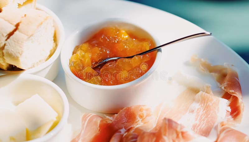 Breakfast Outdoors in Summer, Ham, Jam, Butter and Ham Stock Photo ...