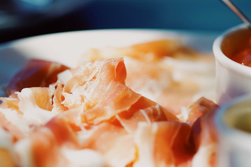 Breakfast Outdoors in Summer, Ham, Jam, Butter and Ham Stock Photo ...