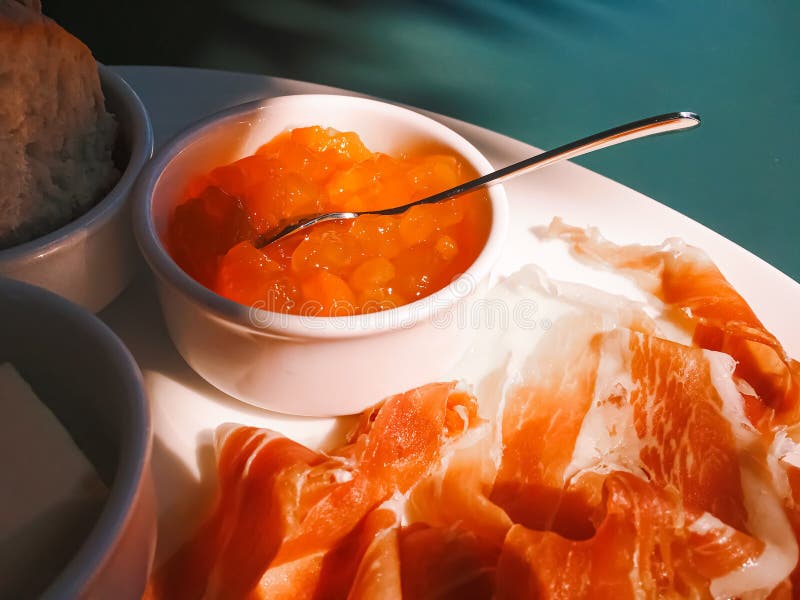 Breakfast Outdoors in Summer, Ham, Jam, Butter and Ham Stock Image ...