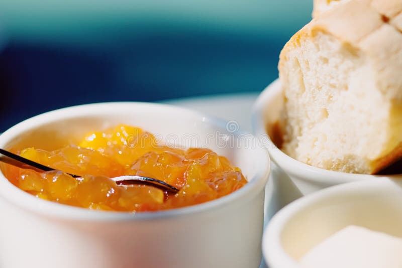 Breakfast Outdoors in Summer, Ham, Jam, Butter and Ham Stock Photo ...