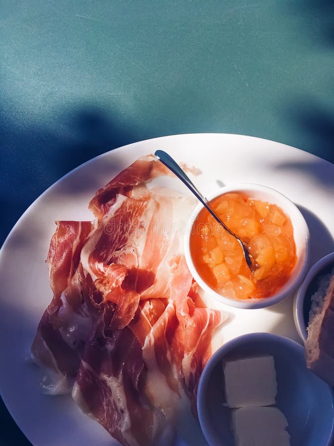 Breakfast Outdoors in Summer, Ham, Jam, Butter and Ham Stock Photo ...