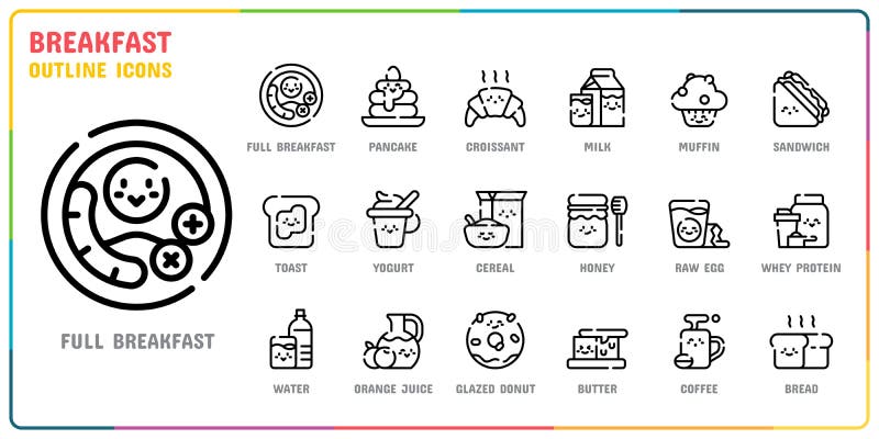 Breakfast outline icon set stock vector. Illustration of donut - 213148980