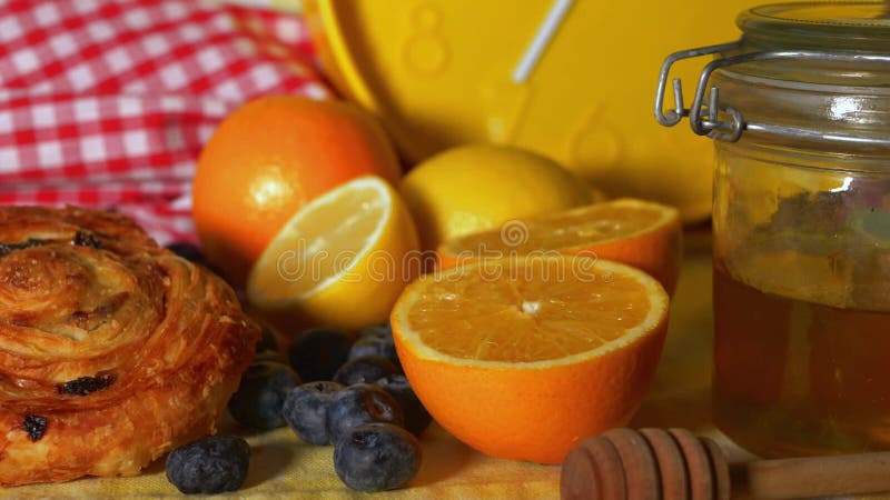 Breakfast Pastry with Fruit and Honey Stock Footage - Video of ...