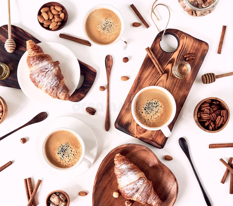 Breakfast Pattern, Croissant, Coffee, Honey, Cinnamon Sticks, Nuts ...