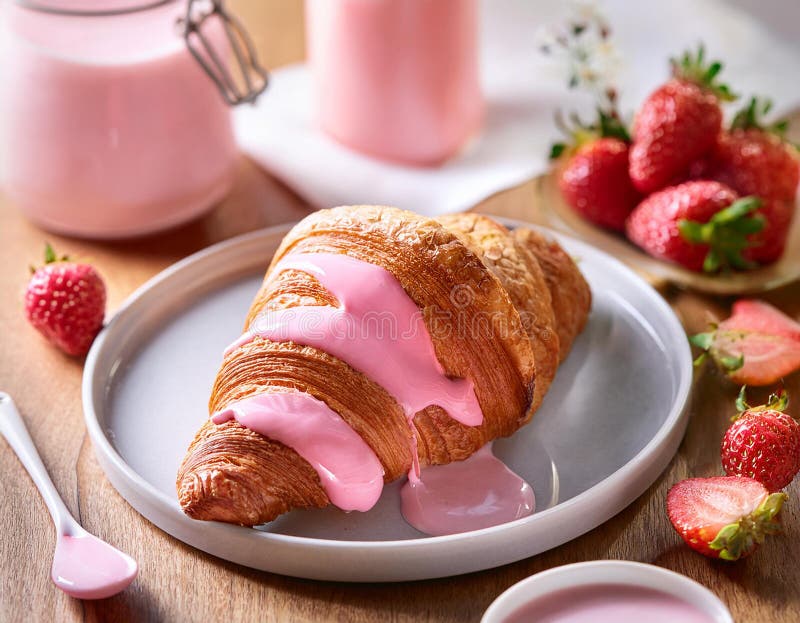 Breakfast with Pink Croissant and Strawberry Jam and Milk Stock ...