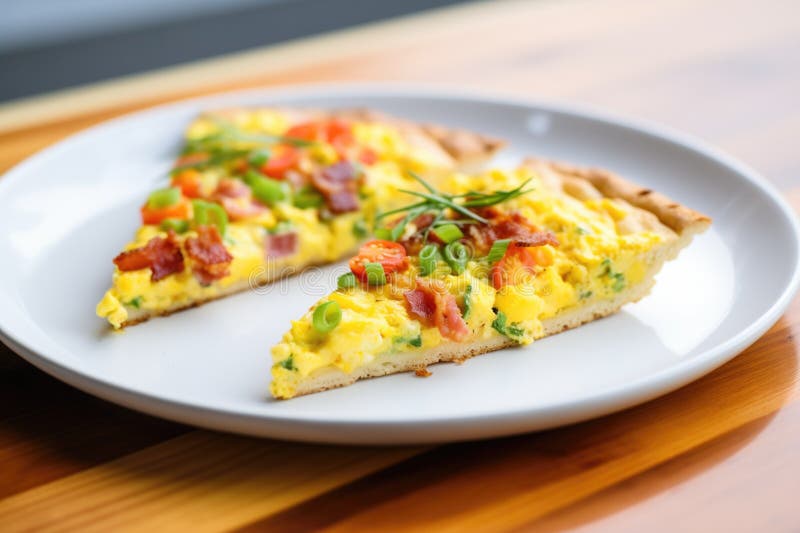 Breakfast Pizza Slice with Scrambled Eggs, Bacon Bits, and Cheese Stock ...