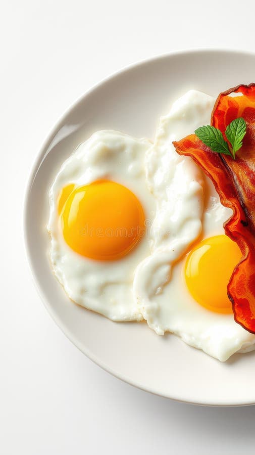 Breakfast Plate Featuring Cooked Eggs and Crispy Bacon on a White Dish ...