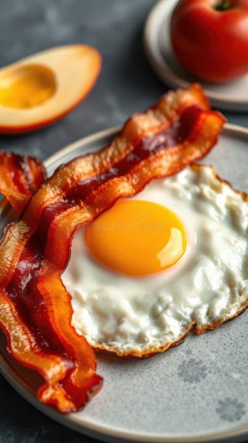 Breakfast Plate Featuring Crispy Bacon, Sunny Side Up Egg, and Fresh ...