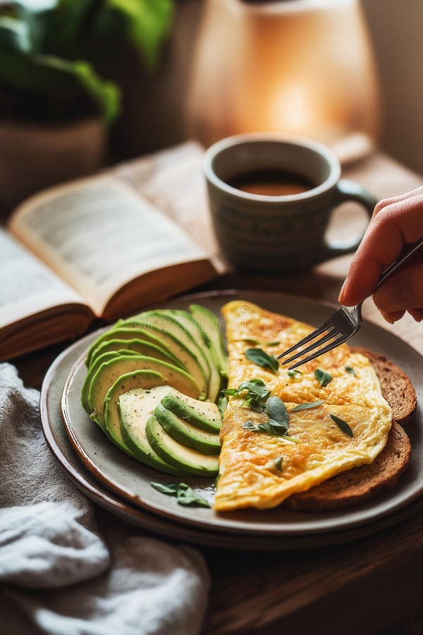 Breakfast Plate with Omelette, Avocado Slices, and Coffee on a Cozy ...