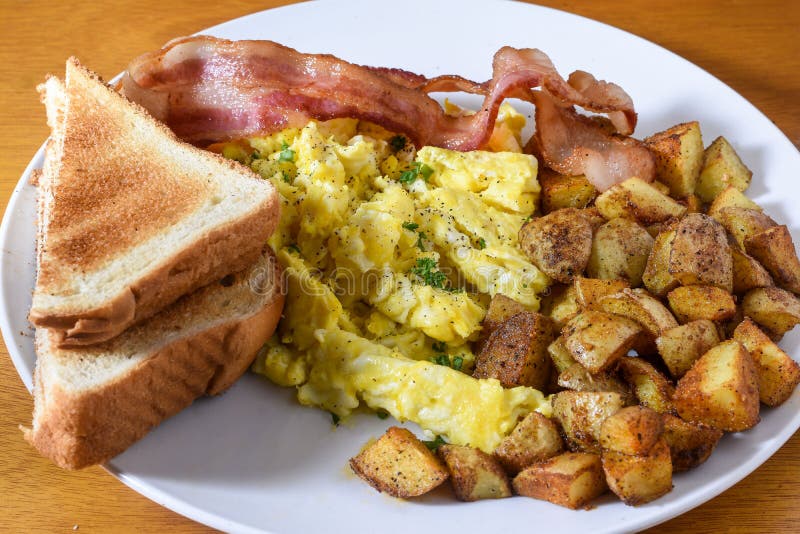 Breakfast Plate of Scramble Eggs and Bacon with Homefries Stock Image ...