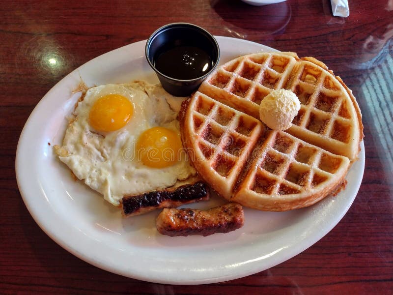Breakfast Plate with Waffle, Sausages and Eggs Stock Image - Image of ...