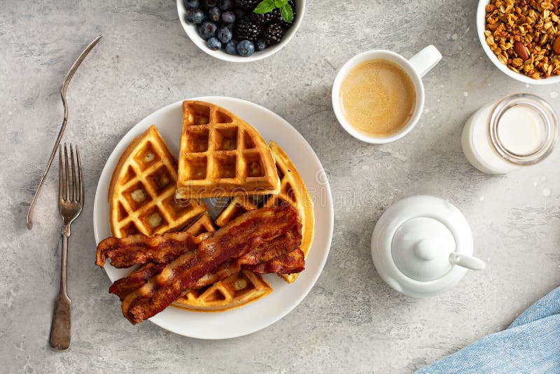 Breakfast Plate with Waffles and Bacon Stock Image - Image of berries ...