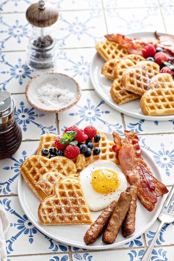 Breakfast Plate with Waffles, Fried Egg, Bacon and Sausage Stock Image ...