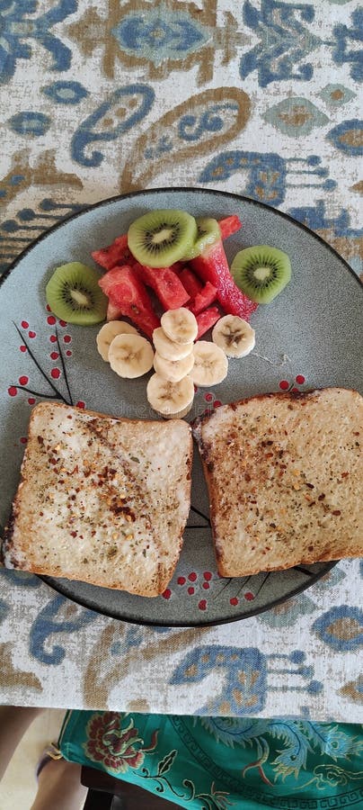 Breakfast Plating with Bread and Cut Fruits Stock Image - Image of ...