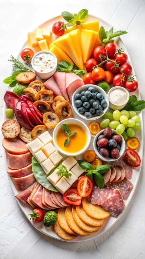 A Breakfast Platter with Assorted Cheeses, Meats, and Fresh Fruit on a ...