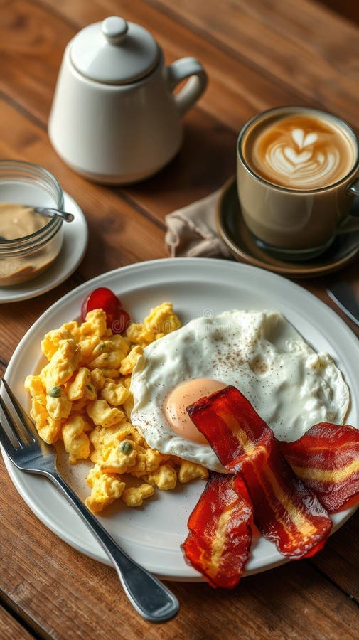 Breakfast Platter with Scrambled Eggs, Bacon, and Coffee at a Cozy Cafe ...