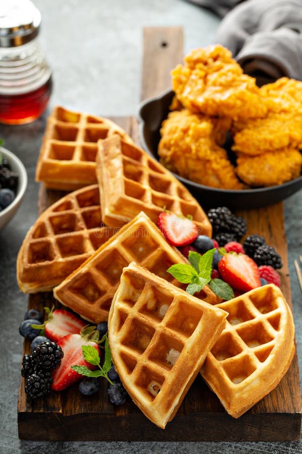 Breakfast Platter with Waffles, Berries and Chicken Stock Photo - Image ...