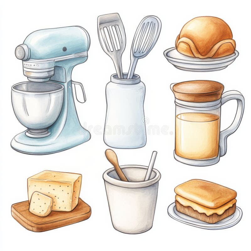 Breakfast Preparation Items Include a Mixer and Baked Goods with ...