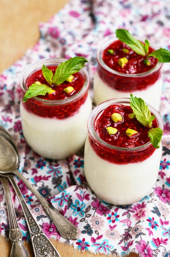 Homemade Yogurt with Raspberry and Pistachio in Glass Jars Stock Photo ...