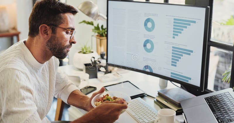 Breakfast, Remote Work and Man with Computer, Home and Review of Graphs ...