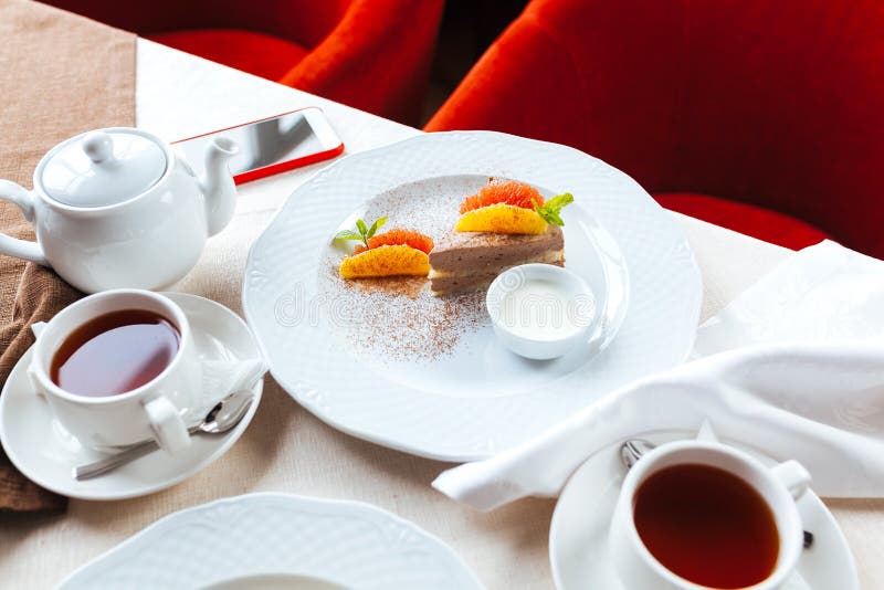 Breakfast in the Restaurant for Two Person with Cakes Stock Image ...