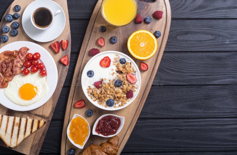 Breakfast on rustic table stock image. Image of morning - 123762415