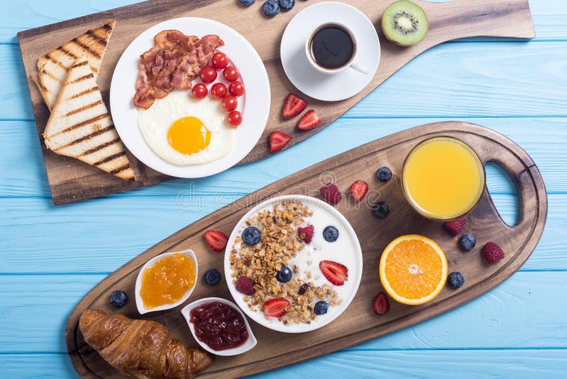 Breakfast on rustic table stock image. Image of healthy - 125545481