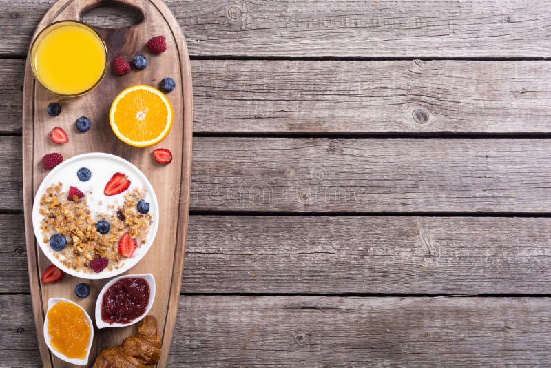 Breakfast on rustic table stock image. Image of health - 123768263
