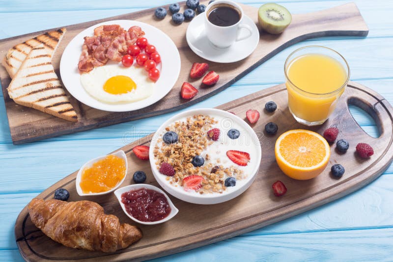 Breakfast on rustic table stock image. Image of breakfast - 123762581