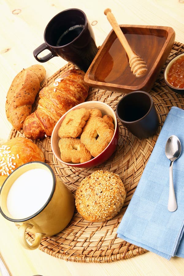 Breakfast on Rustic Wooden Table Stock Photo - Image of biscuit, bread ...