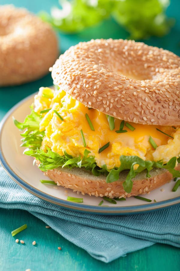 Breakfast Sandwich on Bagel with Egg Cheese Lettuce Stock Photo - Image ...