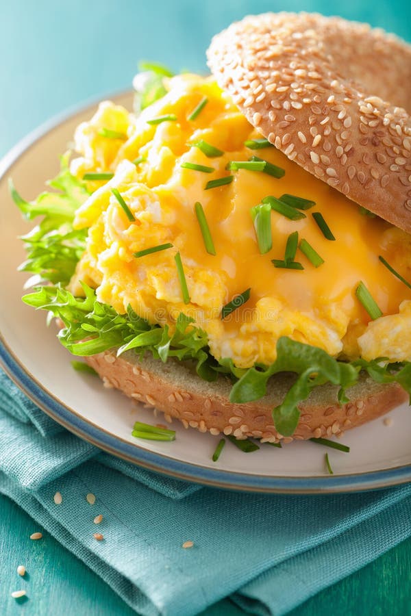 Breakfast Sandwich on Bagel with Egg Cheese Lettuce Stock Photo - Image ...