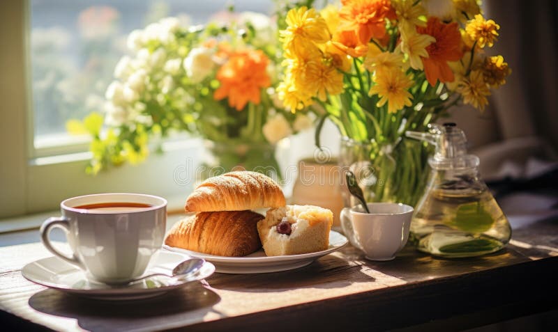 Breakfast with Sandwich, Coffee and Flowers on the Windowsill Stock ...