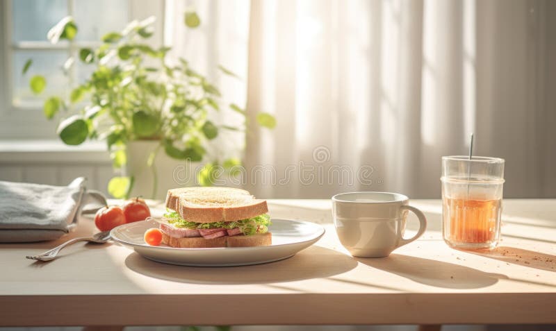 Breakfast with Sandwich, Coffee and Juice on Table in Morning Light ...
