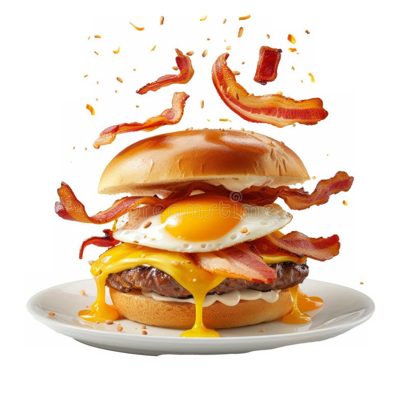 Breakfast Sandwich with Eggs, Bacon, and Cheese Flying into a Plate ...