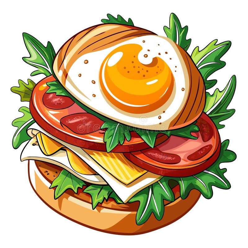 Breakfast Sandwich with Runny Egg, Bacon, and Arugula Stock Vector ...