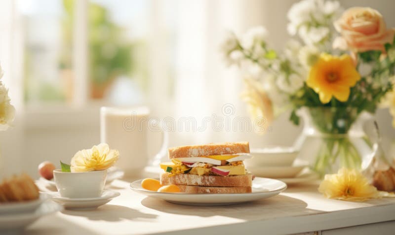 Breakfast with Sandwiches and Juice on the Table in the Morning Stock ...