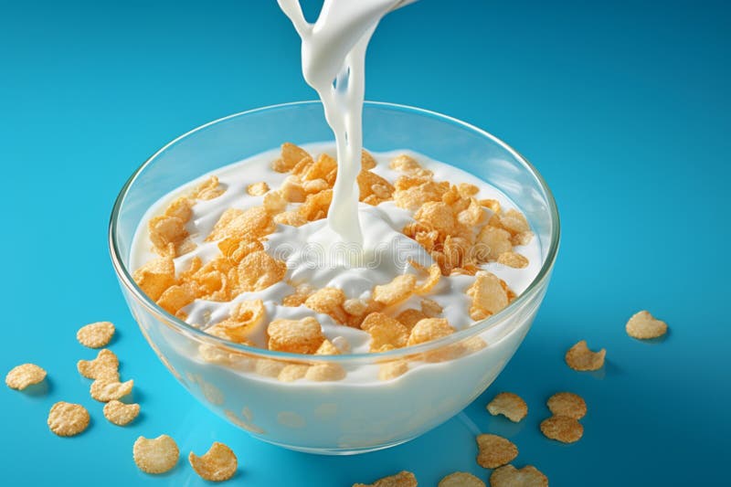 Breakfast Scene Corn Flakes with Milk, Top View on Blue Stock ...