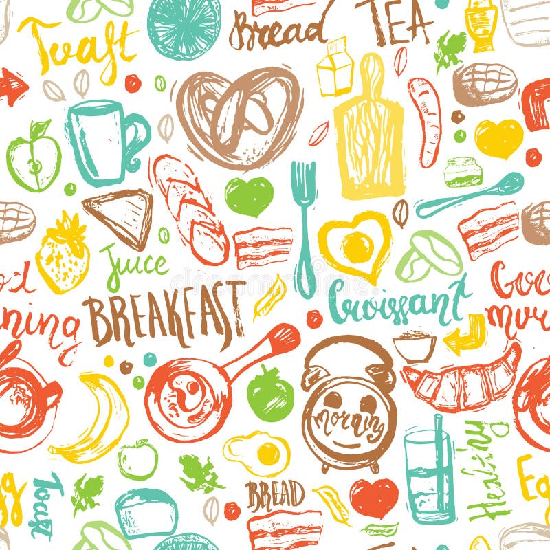 Breakfast Seamless Pattern with Bread, Porridge, Coffee, Eggs and Lettering. Can Be Used for ...