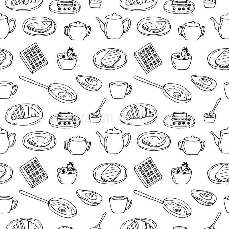 Breakfast Seamless Pattern Vector Illustration, Hand Drawing Doodles ...
