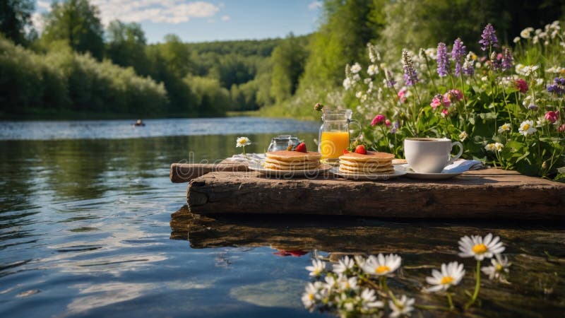 Serene Lakeside Breakfast: Pancakes, Coffee, and Orange Juice by the ...